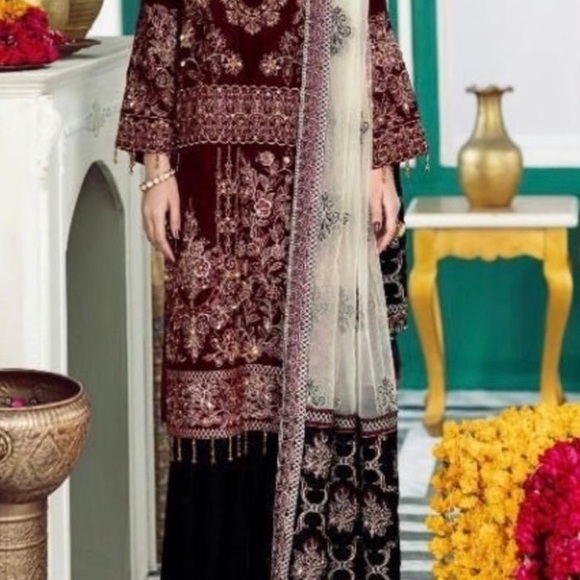 Dresses | New 3 Piece Velvet Pakistani Dress Salwar Kameez Xl | Poshmark